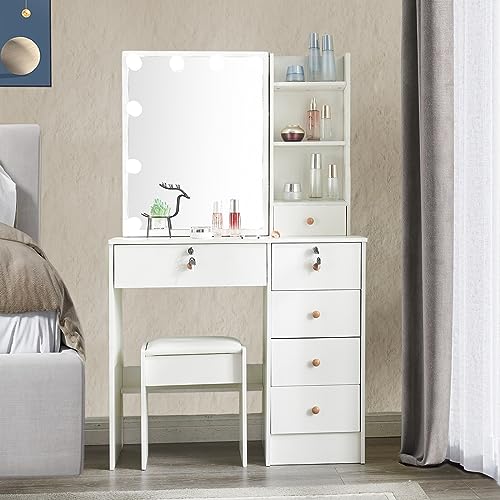 White Vanity Table, Vanity Desk Set with Mirror and Lights,Makeup Vanity Table with 5 Drawers,Storage Shelves & Cushioned Stool for Girls Bedroom