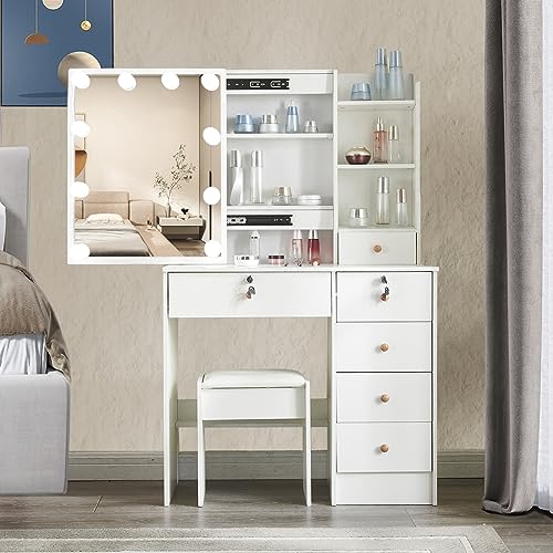 White Vanity Table, Vanity Desk Set with Mirror and Lights,Makeup Vanity Table with 5 Drawers,Storage Shelves & Cushioned Stool for Girls Bedroom