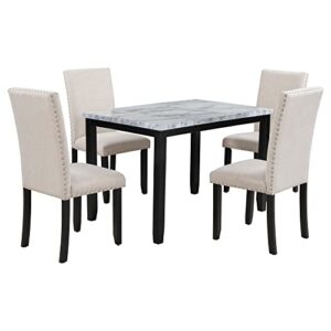 Goohome 5-Piece, Mid-Century Modern Faux Marble Rectangle Table & 4 Upholstered Cushioned Chair, Home Furniture for Small Place, 4-Seater Dining Set, B-White+Beige