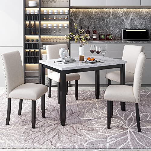 Goohome 5-Piece, Mid-Century Modern Faux Marble Rectangle Table & 4 Upholstered Cushioned Chair, Home Furniture for Small Place, 4-Seater Dining Set, B-White+Beige