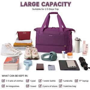 Gym Bag for Women, Sports Travel Duffel Bag with USB Charging Port, Weekender Overnight Bag with Wet Pocket and Shoes Compartment for Women Travel, Gym, Yoga (Grape Purple)