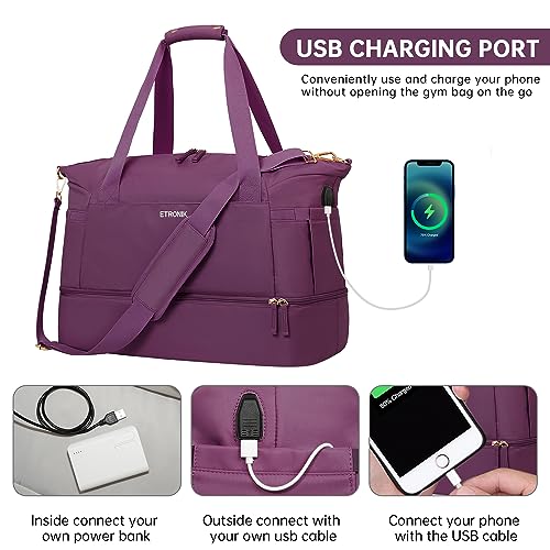 Gym Bag for Women, Sports Travel Duffel Bag with USB Charging Port, Weekender Overnight Bag with Wet Pocket and Shoes Compartment for Women Travel, Gym, Yoga (Grape Purple)