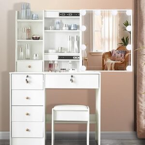 Makeup Vanity Set with Mirror & Lights, 5 Storage Drawer & Stool, 3 Lighting Modes Adjustable Brightness, Bedroom Dressing Table for Women Girls, White (Modern Vanity W-3)