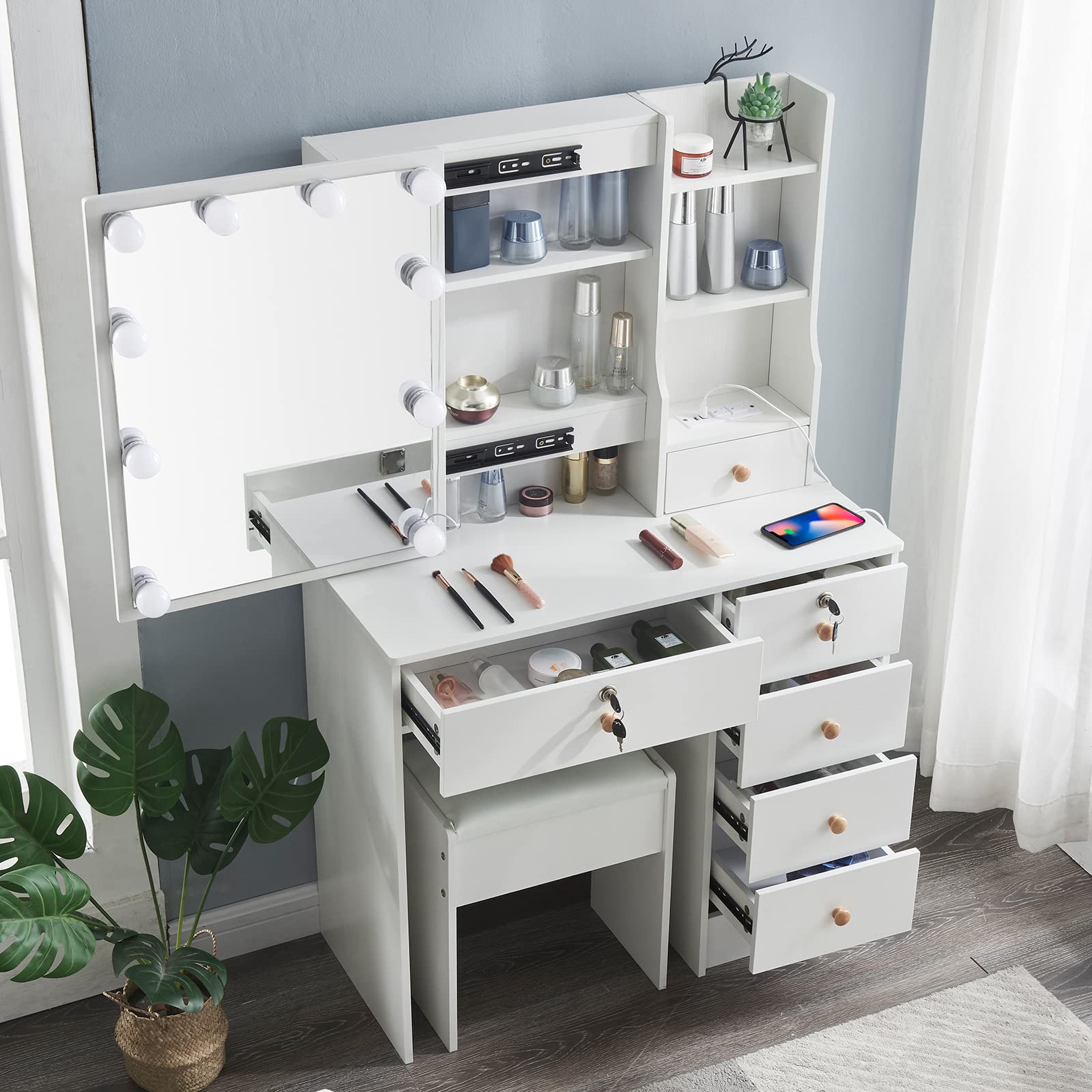 Vanity Desk with Mirror and Lights, 6 Drawers, Makeup Table with Power Outlet for Bedroom, 3 Lighting Modes Adjustable for Gilrs, White