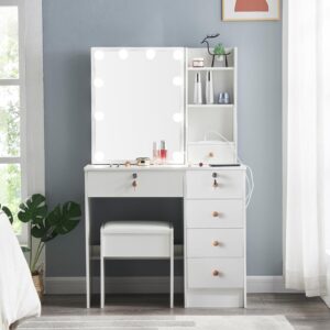 Vanity Desk with Mirror and Lights, 6 Drawers, Makeup Table with Power Outlet for Bedroom, 3 Lighting Modes Adjustable for Gilrs, White