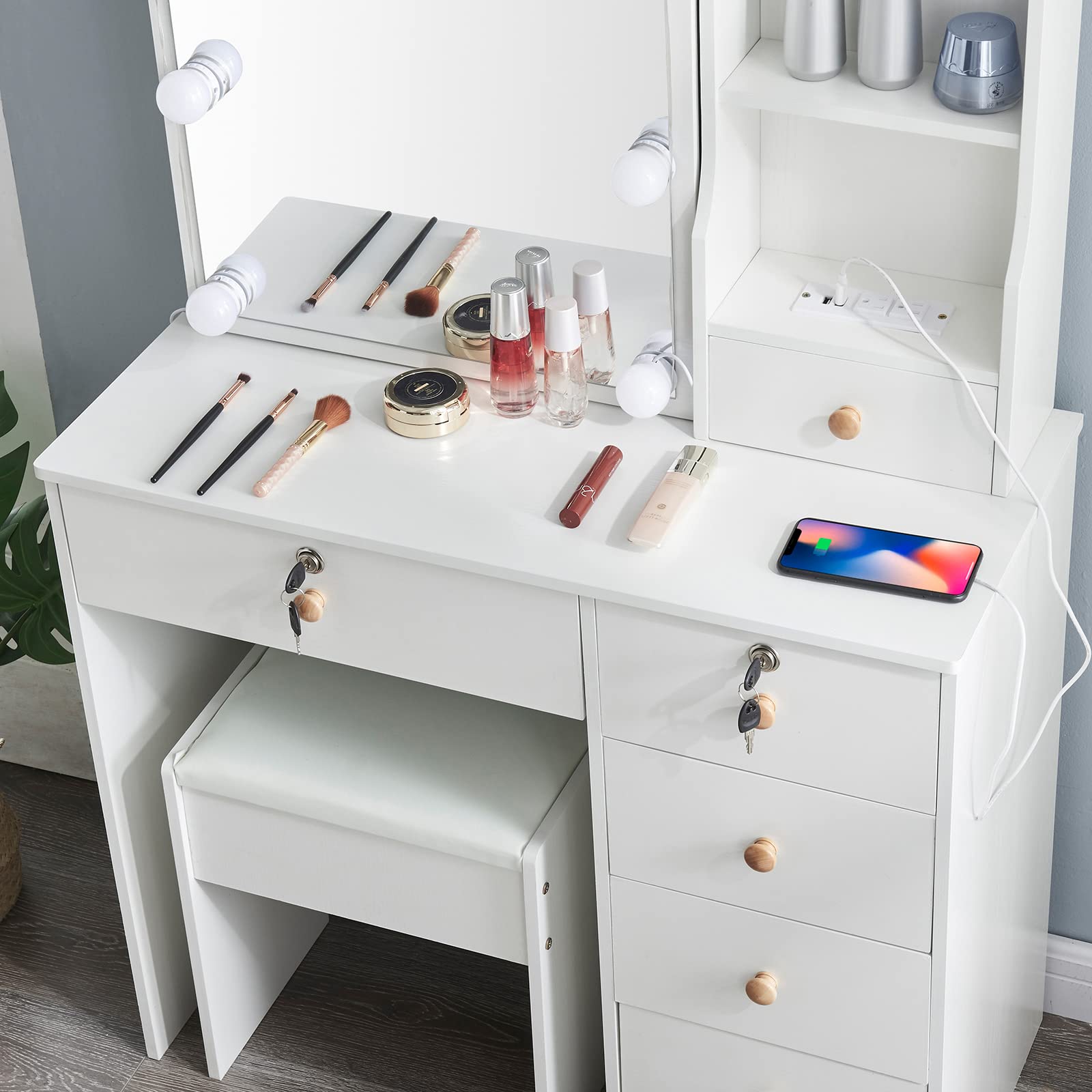 Vanity Desk with Mirror and Lights, 6 Drawers, Makeup Table with Power Outlet for Bedroom, 3 Lighting Modes Adjustable for Gilrs, White