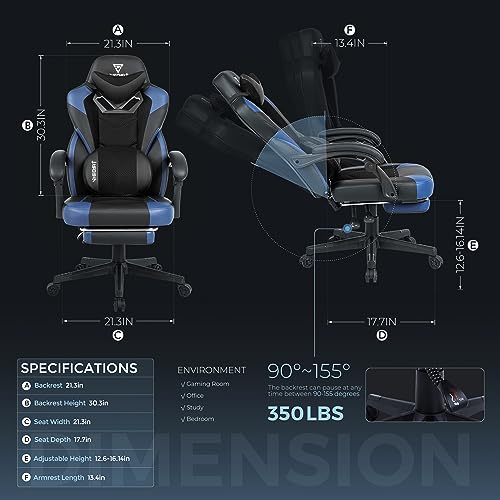 Vigosit Gaming Chair PRO- Gaming Chair with Footrest, Mesh Gaming Chair for Heavy People, Ergonomic Reclining Gamer Computer Chair for Adult, Big and Tall Office PC Chair Gaming (Black Blue)