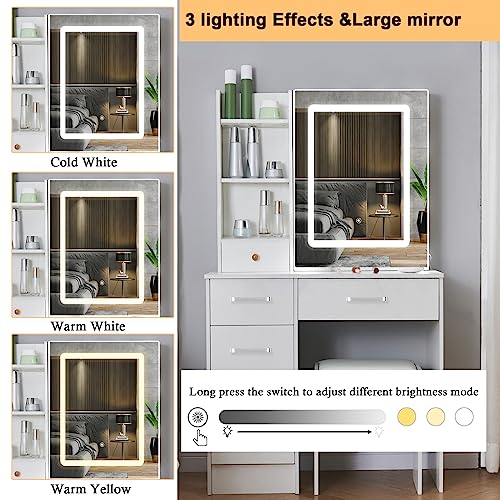 Saihemei Modern Vanity Desk with Sliding LED Mirror, 3 Lighting Modes Adjustable Brightness Bedroom Set, Makeup Dressing Table with Cushioned Stool and Lots Storage for Women Girls