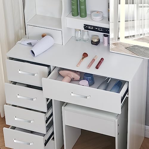 Saihemei Modern Vanity Desk with Sliding LED Mirror, 3 Lighting Modes Adjustable Brightness Bedroom Set, Makeup Dressing Table with Cushioned Stool and Lots Storage for Women Girls