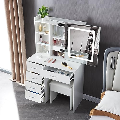 JBLCC Large Vanity Desk with Mirror and Lights,Makeup Vanity with Sliding Mirror, Large Vanity Set with Storage Shelves, Drawers, Modern Vanity Table for Bedroom (62707led)