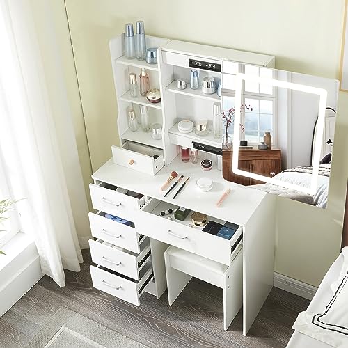 JBLCC Large Vanity Desk with Mirror and Lights,Makeup Vanity with Sliding Mirror, Large Vanity Set with Storage Shelves, Drawers, Modern Vanity Table for Bedroom (62707led)