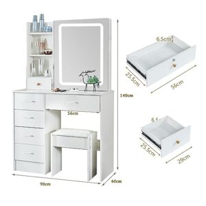 JBLCC Large Vanity Desk with Mirror and Lights,Makeup Vanity with Sliding Mirror, Large Vanity Set with Storage Shelves, Drawers, Modern Vanity Table for Bedroom (62707led)