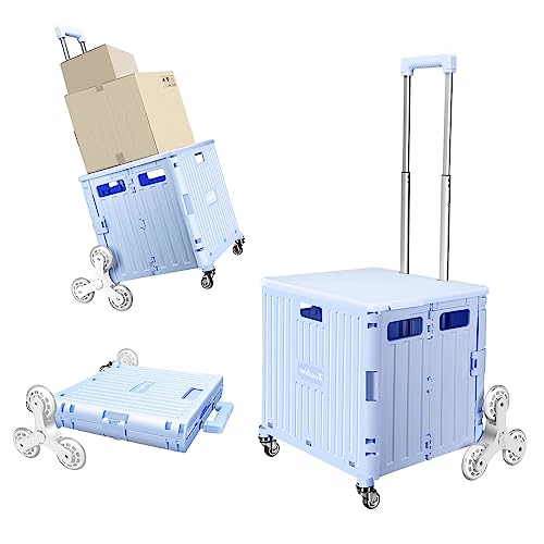 Honshine Foldable Cart with Stair Climbing Wheels, Collapsible Rolling Crate with Telescoping Handle, Handcart for Grocery Book File Tool Art Supplies(Blue)