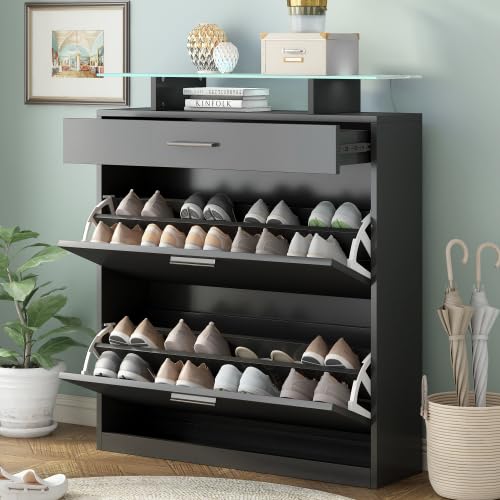 FridayParts Slim Entryway Organizer with 2 Flip, Tempered Glass Top Storage Cabinet with Drawer, Free Standing Shoe Rack with LED Light for Hallway, Black