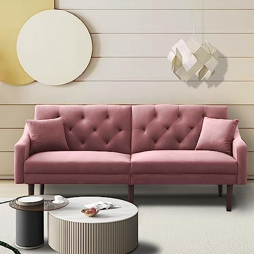 Eafurn Convertible Futon Sofa Bed, 72.8" Modern Velvet Sleeper Couch Small Loveseat with Two Pillows, 3 Adjustable Positions and 6 Solid Rubber Wood Legs Furniture for Living Room and Bedroom