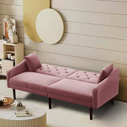 Eafurn Convertible Futon Sofa Bed, 72.8" Modern Velvet Sleeper Couch Small Loveseat with Two Pillows, 3 Adjustable Positions and 6 Solid Rubber Wood Legs Furniture for Living Room and Bedroom