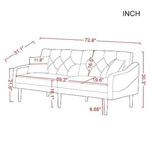 Eafurn Convertible Futon Sofa Bed, 72.8" Modern Velvet Sleeper Couch Small Loveseat with Two Pillows, 3 Adjustable Positions and 6 Solid Rubber Wood Legs Furniture for Living Room and Bedroom