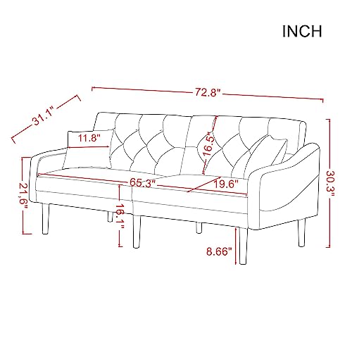 Eafurn Convertible Futon Sofa Bed, 72.8" Modern Velvet Sleeper Couch Small Loveseat with Two Pillows, 3 Adjustable Positions and 6 Solid Rubber Wood Legs Furniture for Living Room and Bedroom