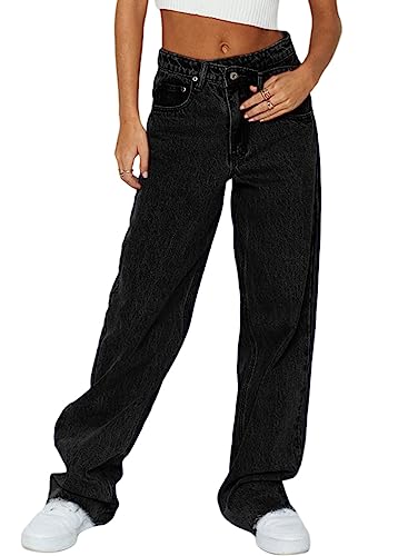 Astylish Black Jeans for Women Mid Waisted Baggy Boyfriend Mom Wide Leg Denim Pants Black Size 16