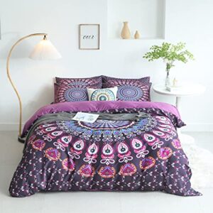 mandala duvet cover king size, 3 pieces soft lightweight microfiber duvet cover set, purple mandala bedding comforter cover set with zipper ties, 1 duvet cover and 2 pillowcases, no comforter