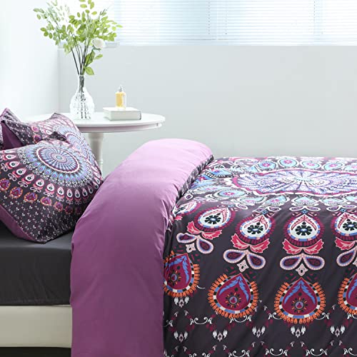 Mandala Duvet Cover King Size, 3 Pieces Soft Lightweight Microfiber Duvet Cover Set, Purple Mandala Bedding Comforter Cover Set with Zipper Ties, 1 Duvet Cover and 2 Pillowcases, No Comforter