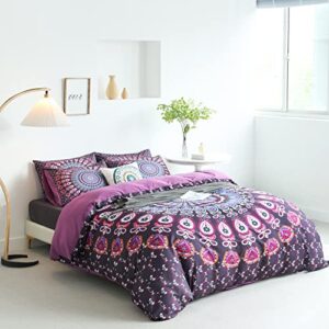 Mandala Duvet Cover King Size, 3 Pieces Soft Lightweight Microfiber Duvet Cover Set, Purple Mandala Bedding Comforter Cover Set with Zipper Ties, 1 Duvet Cover and 2 Pillowcases, No Comforter