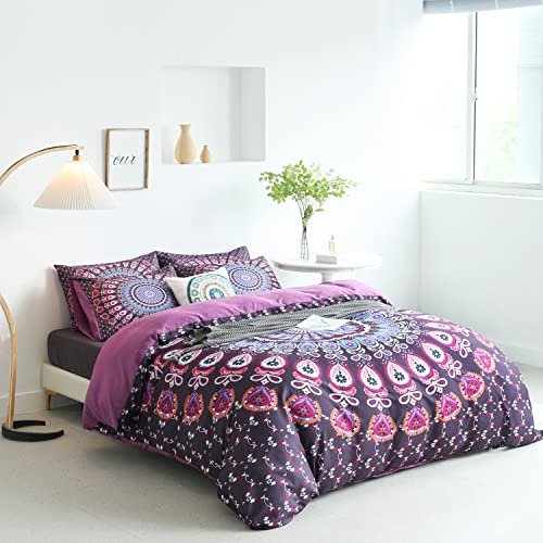 Mandala Duvet Cover King Size, 3 Pieces Soft Lightweight Microfiber Duvet Cover Set, Purple Mandala Bedding Comforter Cover Set with Zipper Ties, 1 Duvet Cover and 2 Pillowcases, No Comforter