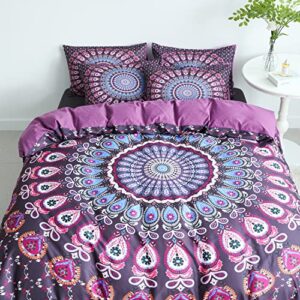 Mandala Duvet Cover King Size, 3 Pieces Soft Lightweight Microfiber Duvet Cover Set, Purple Mandala Bedding Comforter Cover Set with Zipper Ties, 1 Duvet Cover and 2 Pillowcases, No Comforter