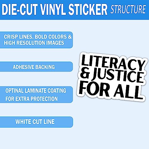 Miraki Literacy and Justice For All Sticker, Literacy Education Stickers, Book Club Sticker, Water Assitant Die-Cut Vinyl Stickers Decals for Laptop Phone Kindle Journal Water Bottles, Stickers