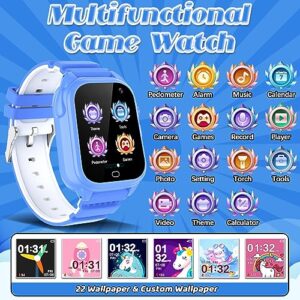 Waterproof Kids Game Watch for Girls Boys Age 3-10 with 1.44'' Touch Screen 26 Puzzle Game Music Camera Video Recorder 12/24 Hr Clock Pedometer Flashlight Alarm Calendar Children Learning Toys