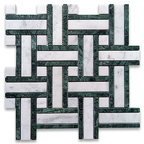 Stone Center Online Carrara White Marble 1 inch Twine Basketweave Mosaic Tile w/Indian Green Honed Kitchen Bath Wall Floor Backsplash Shower (1 Sheet)