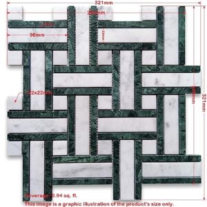 Stone Center Online Carrara White Marble 1 inch Twine Basketweave Mosaic Tile w/Indian Green Honed Kitchen Bath Wall Floor Backsplash Shower (1 Sheet)