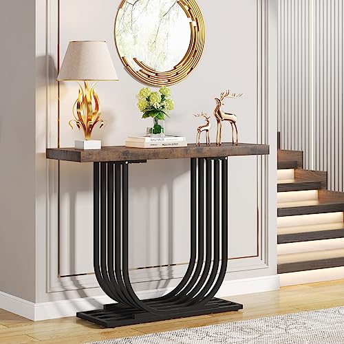 Tribesigns Console Table, Industrial 39.4 Inch Entryway Foyer Table, Narrow Sofa Accent Table with Geometric Metal Legs for Living Room, Hallway, Entrance, Rustic Brown & Black