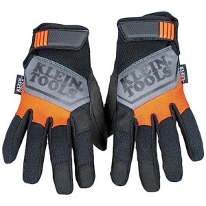 klein tools 60594 work gloves, touchscreen-capable general purpose gloves feature firm grip suede palm, hook and loop wrist strap, small, black, orange, grey