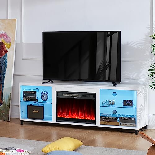 oneinmil Fireplace TV Stand for TV up to 78 Inch for Living Room, 68 Inch Modern TV Cabinet with AElectric Fireplace, Wood Storage TV Console, Media Entertainment Center with Cable Holes,White