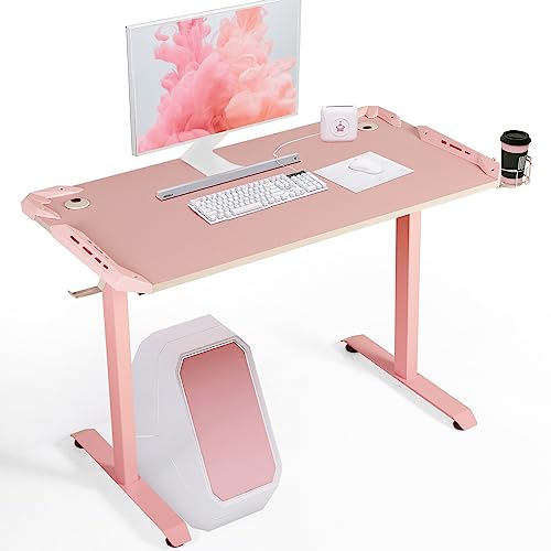 AODAILIHB Pink 44 Inch Cute Computer Gaming Table T Shaped Girl Gamer Workstation Home Office Desk with Cable Management and Headphone/Cup Holder