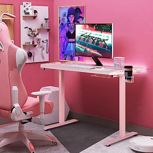 AODAILIHB Pink 44 Inch Cute Computer Gaming Table T Shaped Girl Gamer Workstation Home Office Desk with Cable Management and Headphone/Cup Holder