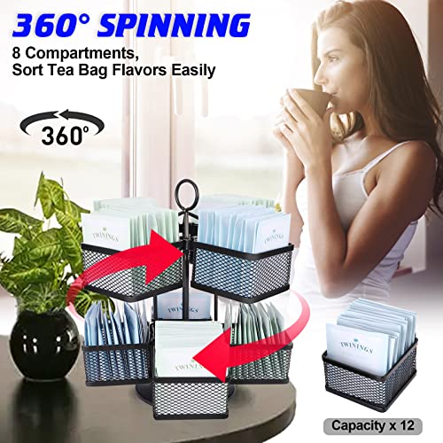 Tea Bag Organizer, Tea Bag Holder Storage Spinning Carousel 96 Teabags Container, Tea Storage Organizer with 8 Compartments, Tea Candy Coffee Organizer for Office Kitchen Counter Cabinet Pantry