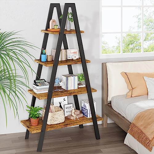 Recaceik 4-Tier Bookshelf, A-Shaped Bookcase Industrial Ladder Shelf Open Display Shelves with Metal Frame, Freestanding Plant Stand Book Shelf Open Storage Organizer for Living Room, Home Office