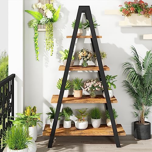 Recaceik 4-Tier Bookshelf, A-Shaped Bookcase Industrial Ladder Shelf Open Display Shelves with Metal Frame, Freestanding Plant Stand Book Shelf Open Storage Organizer for Living Room, Home Office