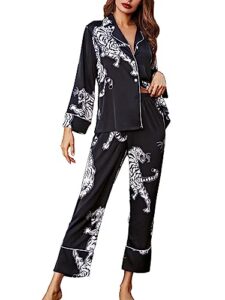 brosloth women's silk satin pajamas pjs sets cute tiger pattern two piece loungewear set button up pajamas sleepwear black m