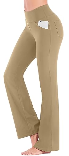 IUGA Bootcut Yoga Pants with Pockets for Women High Waist Workout Bootleg Pants Tummy Control, 4 Pockets Work Pants for Women Khaki