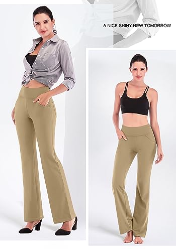 IUGA Bootcut Yoga Pants with Pockets for Women High Waist Workout Bootleg Pants Tummy Control, 4 Pockets Work Pants for Women Khaki