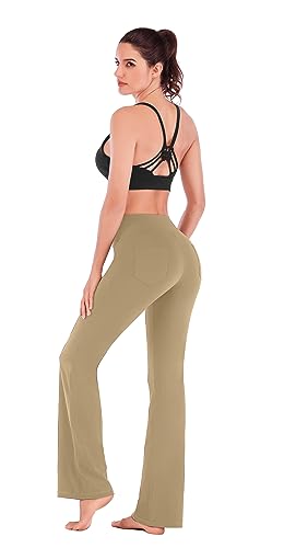 IUGA Bootcut Yoga Pants with Pockets for Women High Waist Workout Bootleg Pants Tummy Control, 4 Pockets Work Pants for Women Khaki