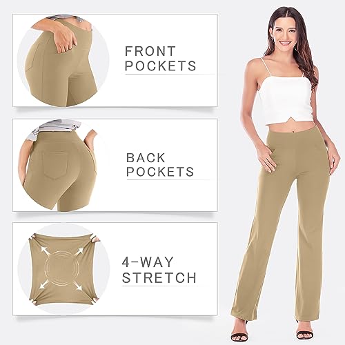 IUGA Bootcut Yoga Pants with Pockets for Women High Waist Workout Bootleg Pants Tummy Control, 4 Pockets Work Pants for Women Khaki