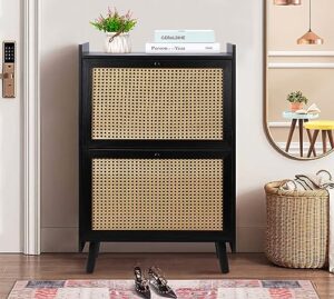 zybt black entryway shoe storage organizer, wooden shoe rack for door, free standing shoe racks for entryway, shoe storage cabinet for entryway slim, 2 flip drawers rattan shoe organizer