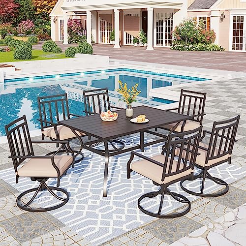 PHI VILLA 7 Pieces Patio Dining Set, 6 Patio Cushioned Swivel Rocker Chairs and 60” Large Rectangle Outdoor Metal Table with 1.57” Umbrella Hole for Deck,Lawn, Garden