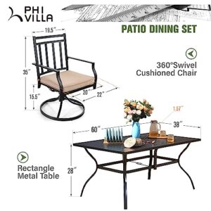 PHI VILLA 7 Pieces Patio Dining Set, 6 Patio Cushioned Swivel Rocker Chairs and 60” Large Rectangle Outdoor Metal Table with 1.57” Umbrella Hole for Deck,Lawn, Garden