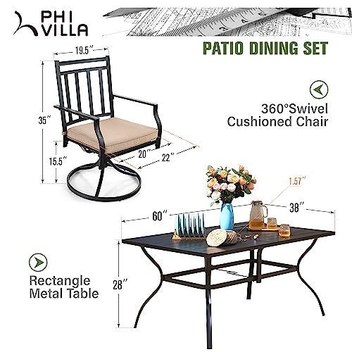 PHI VILLA 7 Pieces Patio Dining Set, 6 Patio Cushioned Swivel Rocker Chairs and 60” Large Rectangle Outdoor Metal Table with 1.57” Umbrella Hole for Deck,Lawn, Garden