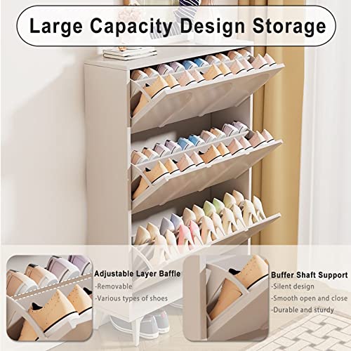 NEW BARLEY Shoe Cabinet for Entryway Slim with 3 Flip Drawers,Modern Freestanding Narrow Shoe Rack Tipping Bucket Shoe Cabinet Cream